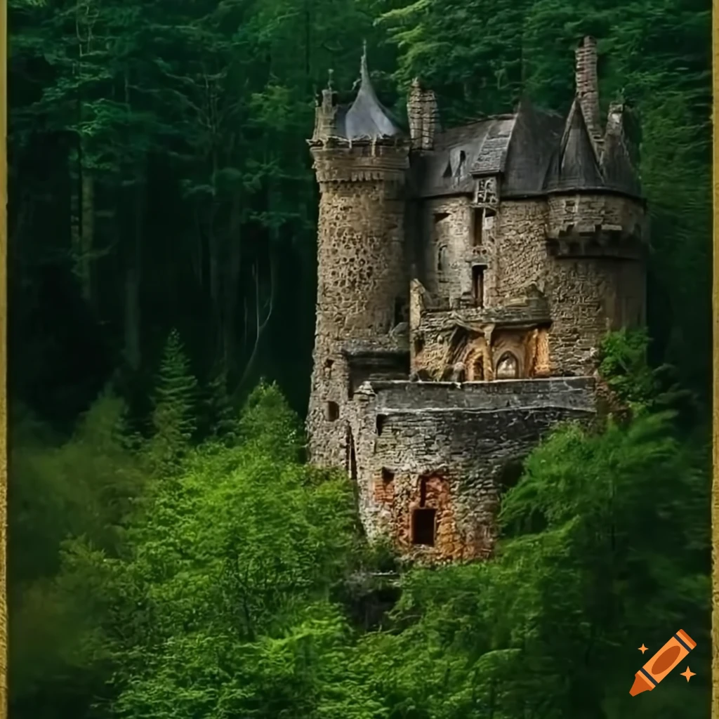 Old castle with knights in a forest setting on Craiyon