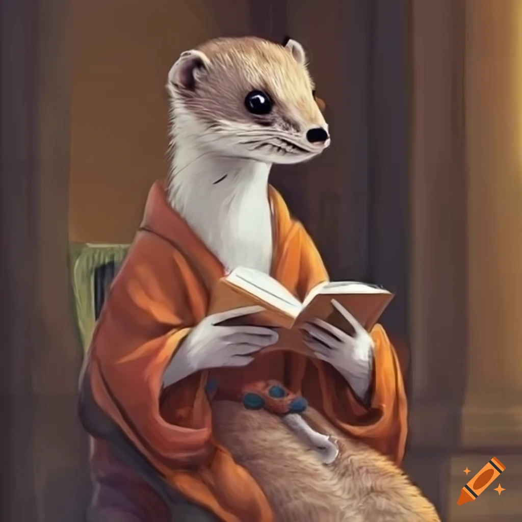 Curious and scholarly stoat character reading a book in a comfy chair ...