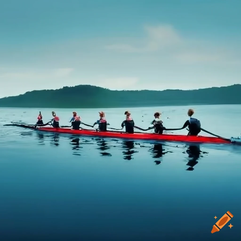 Team rowing a boat through calm waters showing teamwork in action on ...