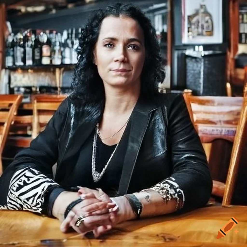 Dutch musician Anouk with black hair sitting at a bar on Craiyon