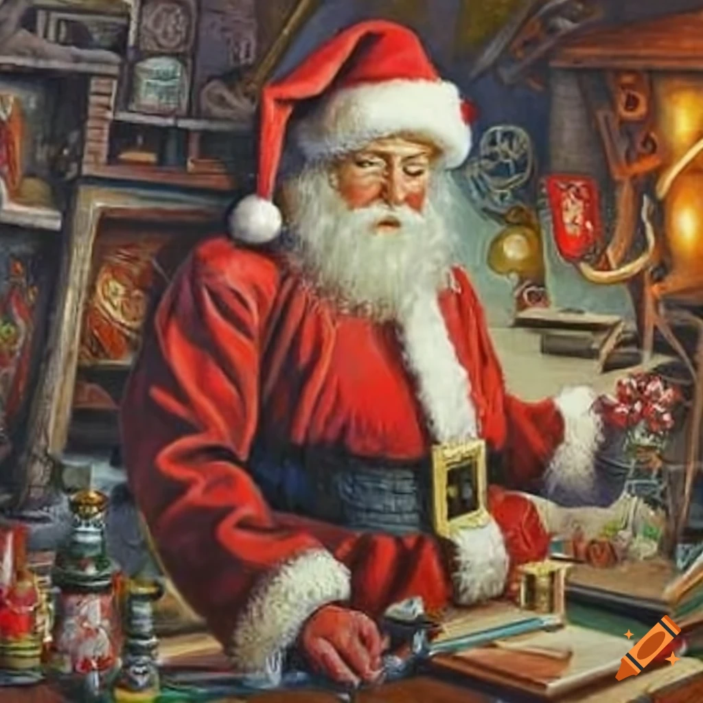 Santa claus in a surreal workshop by jacek yerka on Craiyon