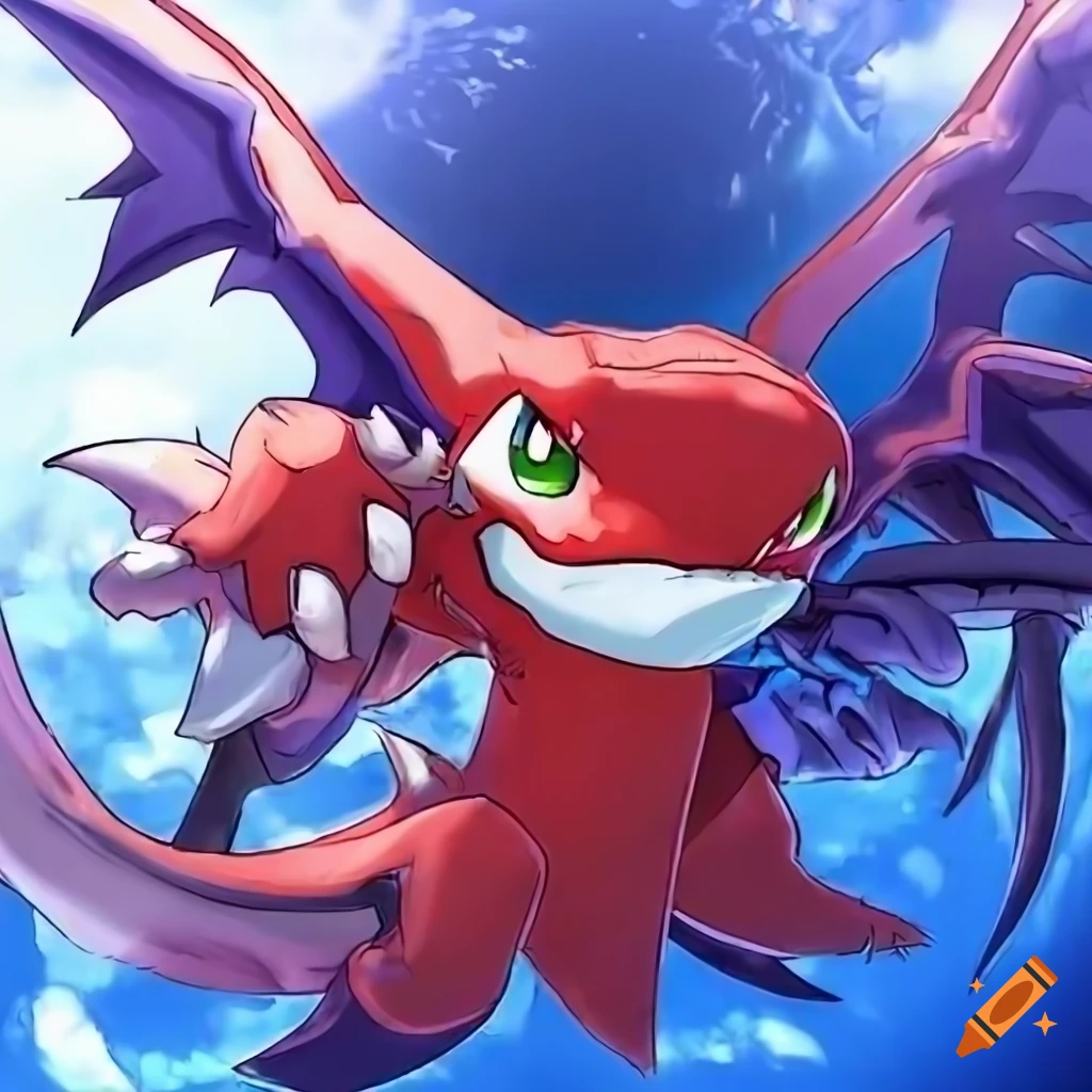 Red and blue shark digimon in rookie form on Craiyon