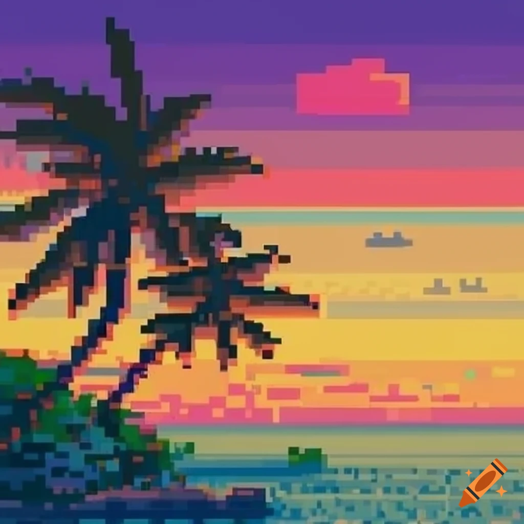 Pixel art of a serene palm tree beach at sunrise on Craiyon