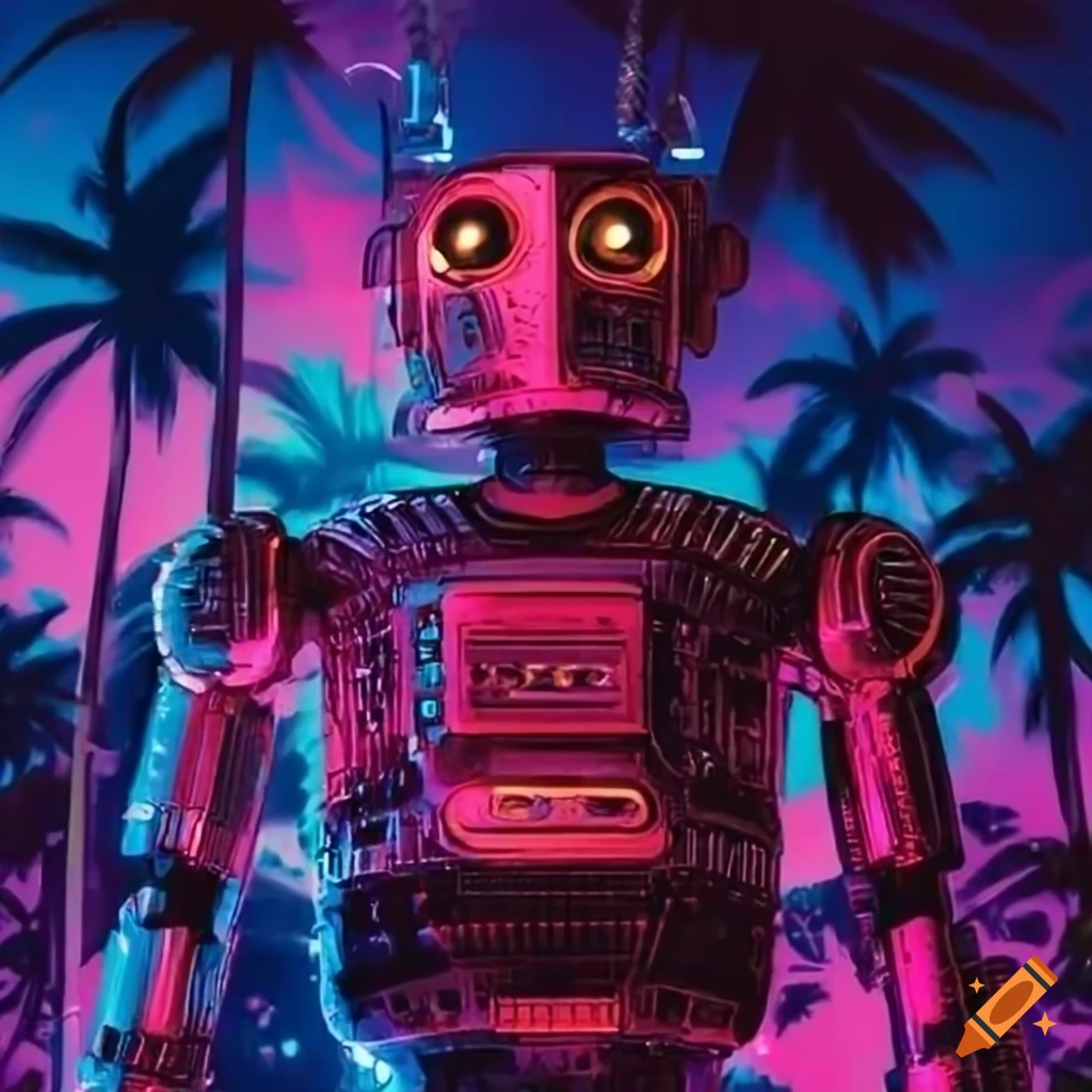 80s sci-fi robot with neon lights and palm trees on Craiyon