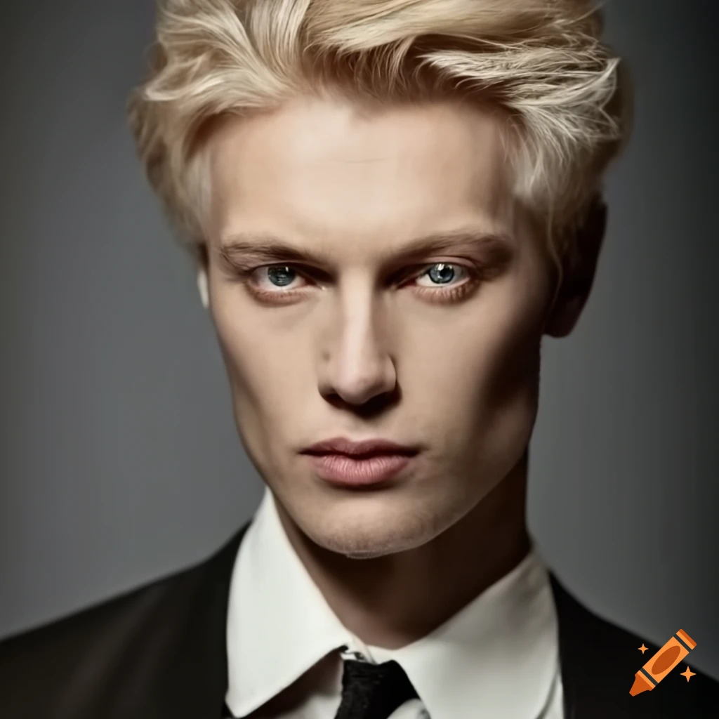 Elegant mature man with short wavy blond hair and a stern look on Craiyon