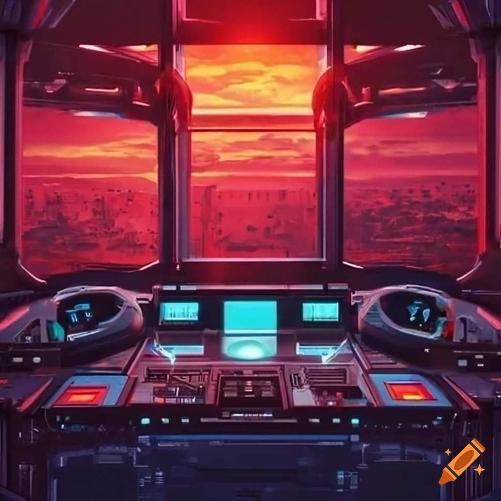 Sci-fi control room overlooking a cityscape at red sunset on Craiyon