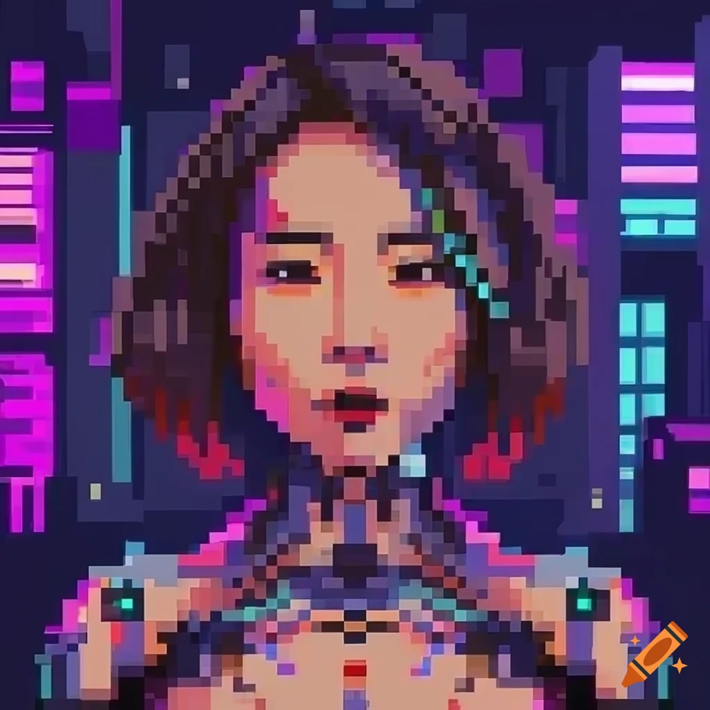 Pixel art portrait of an Asian cyborg girl on top of a cyberpunk ...