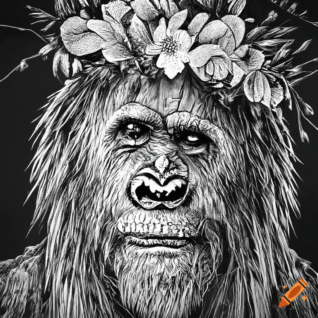 Bigfoot smiling with a flower crown in the forest, scratchboard ...