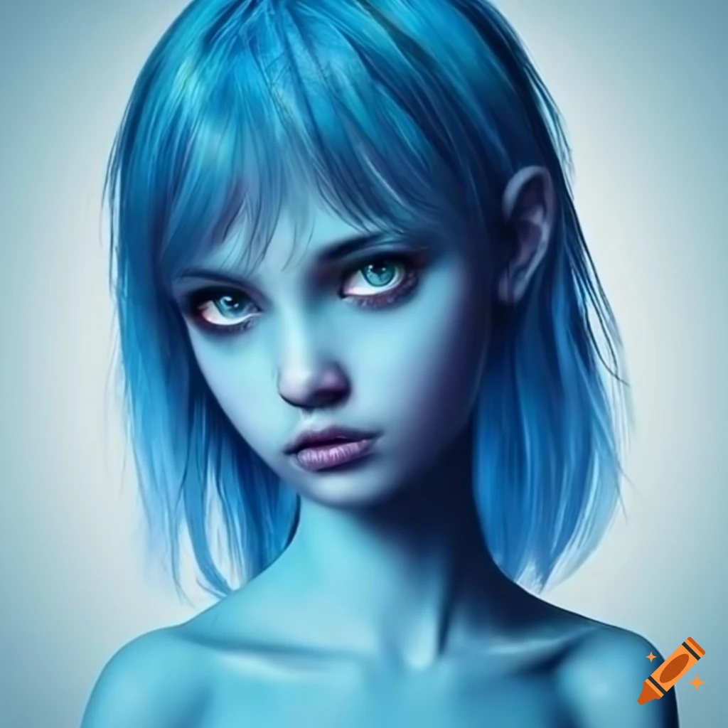 Blue-skinned girl with green eyes in a 3/4 body view on Craiyon