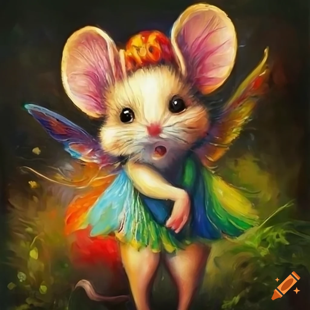 Rainbow-colored fairy mouse in an oil painting style on Craiyon