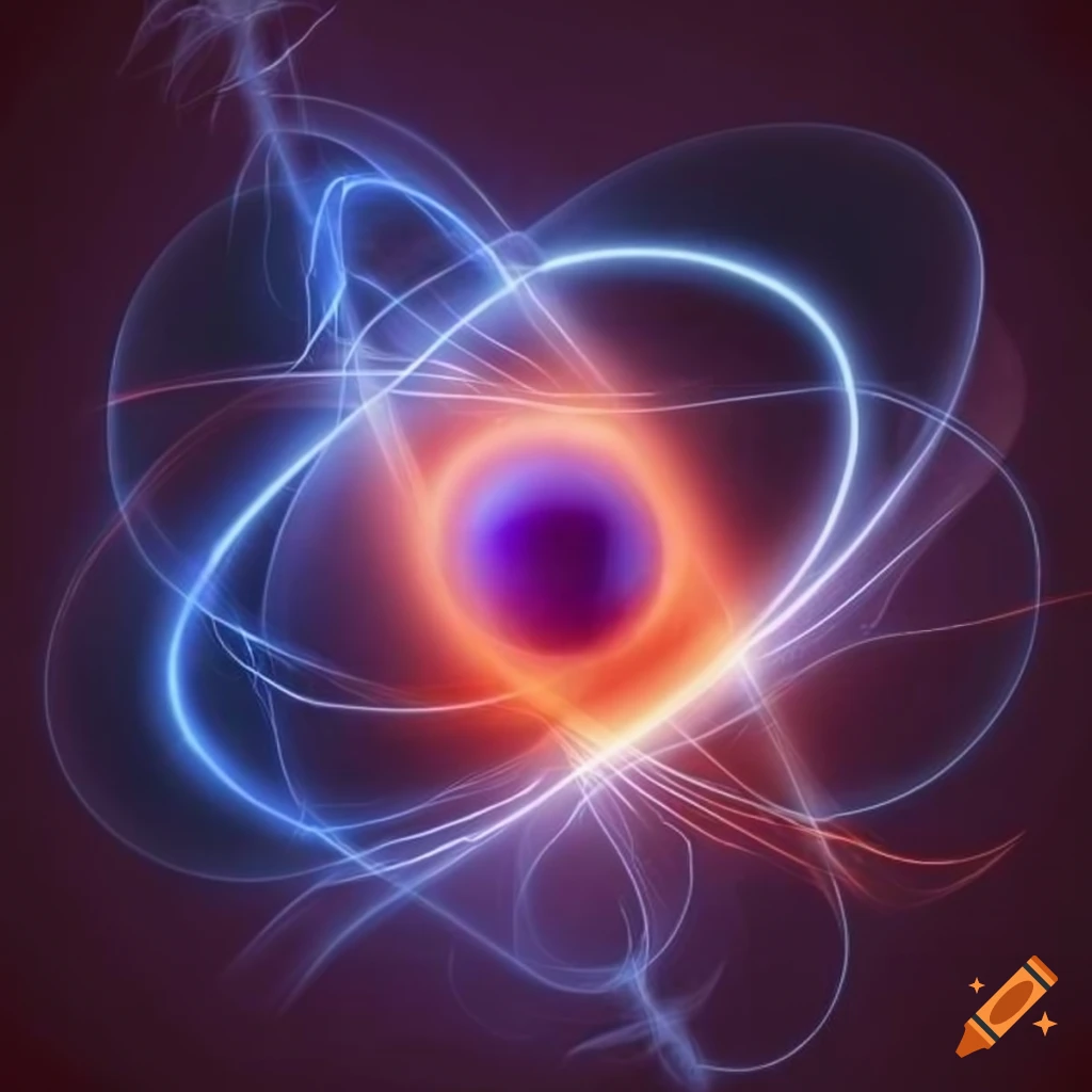 Glowing electron orbiting an atom with static lightning on Craiyon