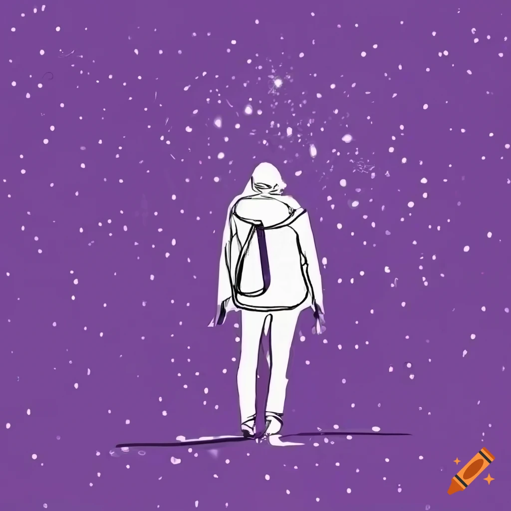 Minimalist line drawing of man walking in a purple snowstorm on Craiyon