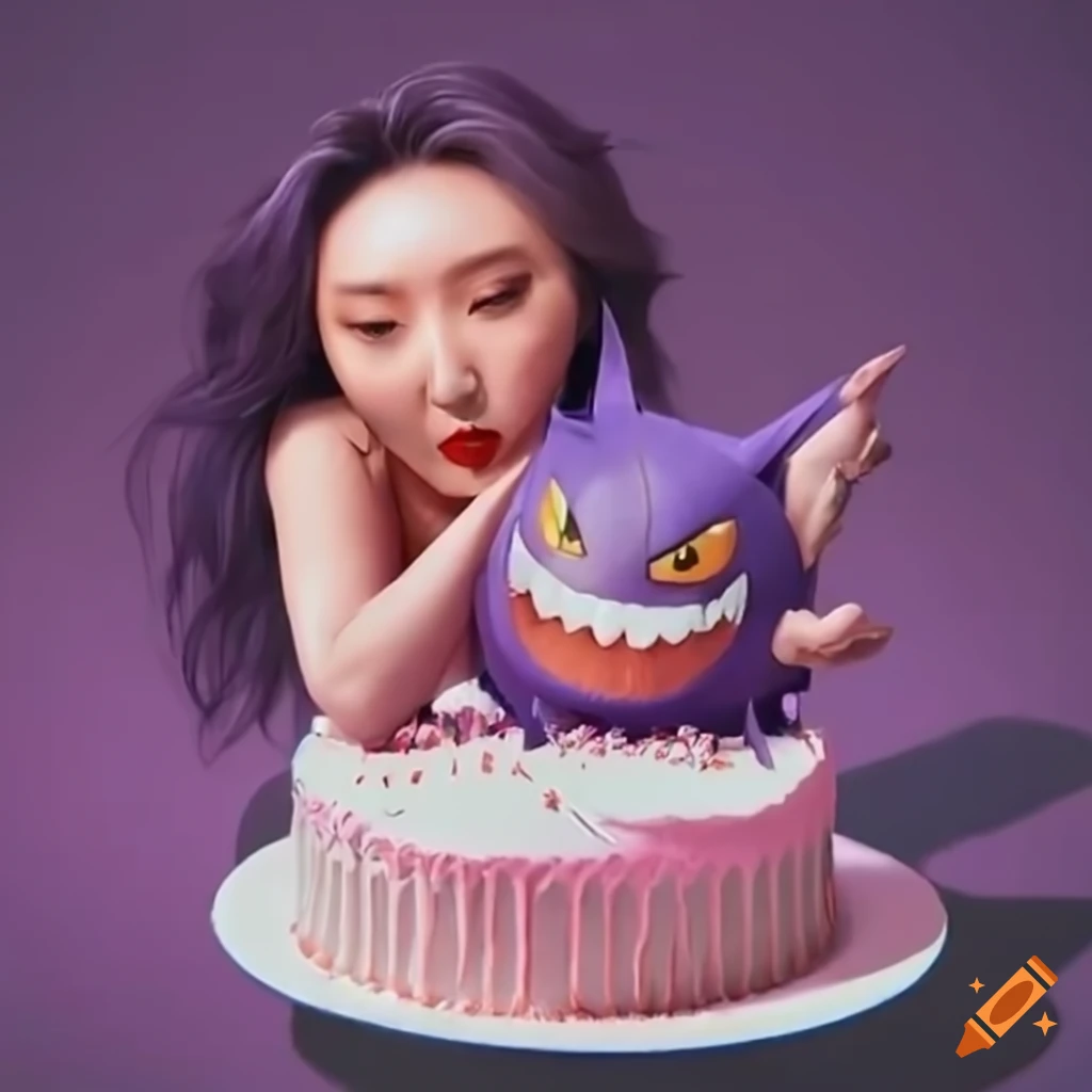 Hwasa hugging Gengar next to a birthday cake on Craiyon