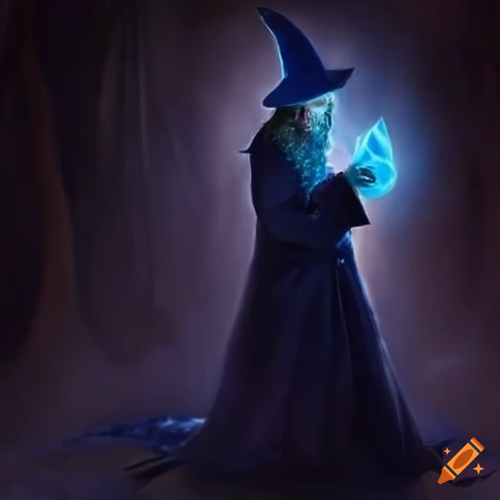 Magical wizard wearing a blue hat on Craiyon