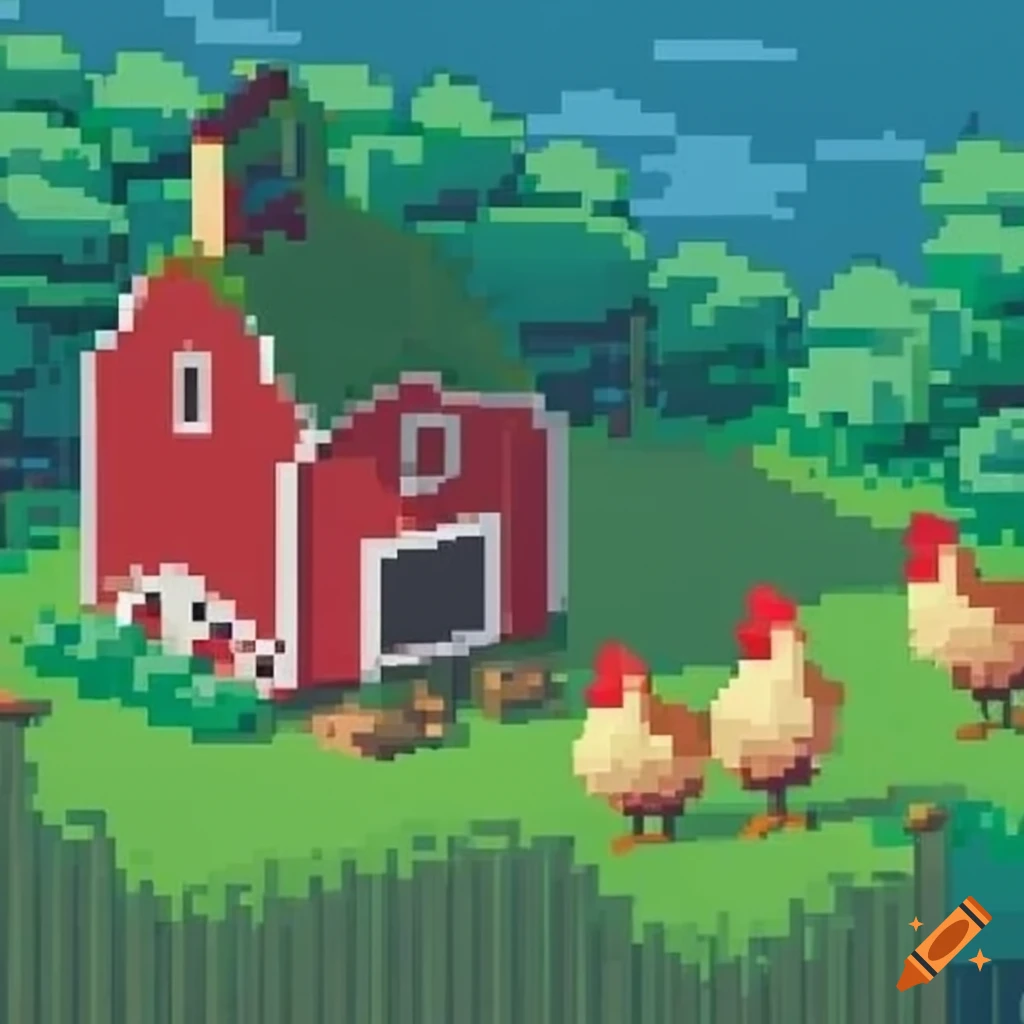 Detailed pixel art of a farm with chickens on Craiyon