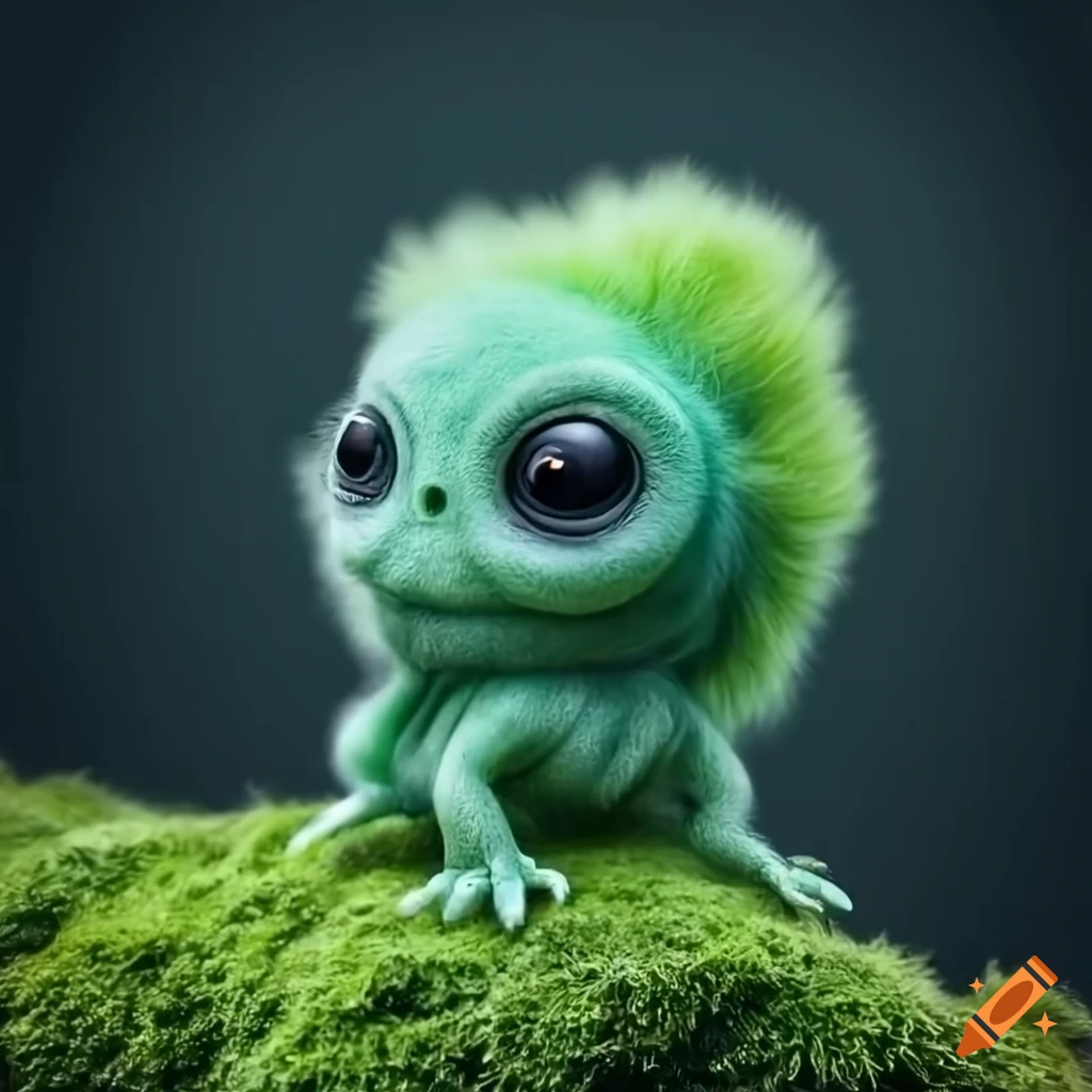 Charming little alien creature with fur and moss on its back on Craiyon