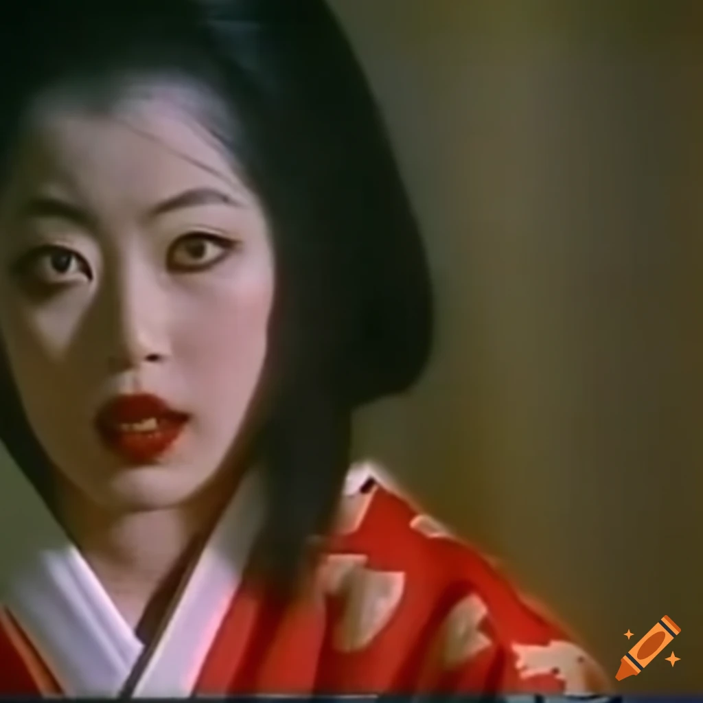 Japanese vampire woman in black hair and yellow eyes with white kimono ...