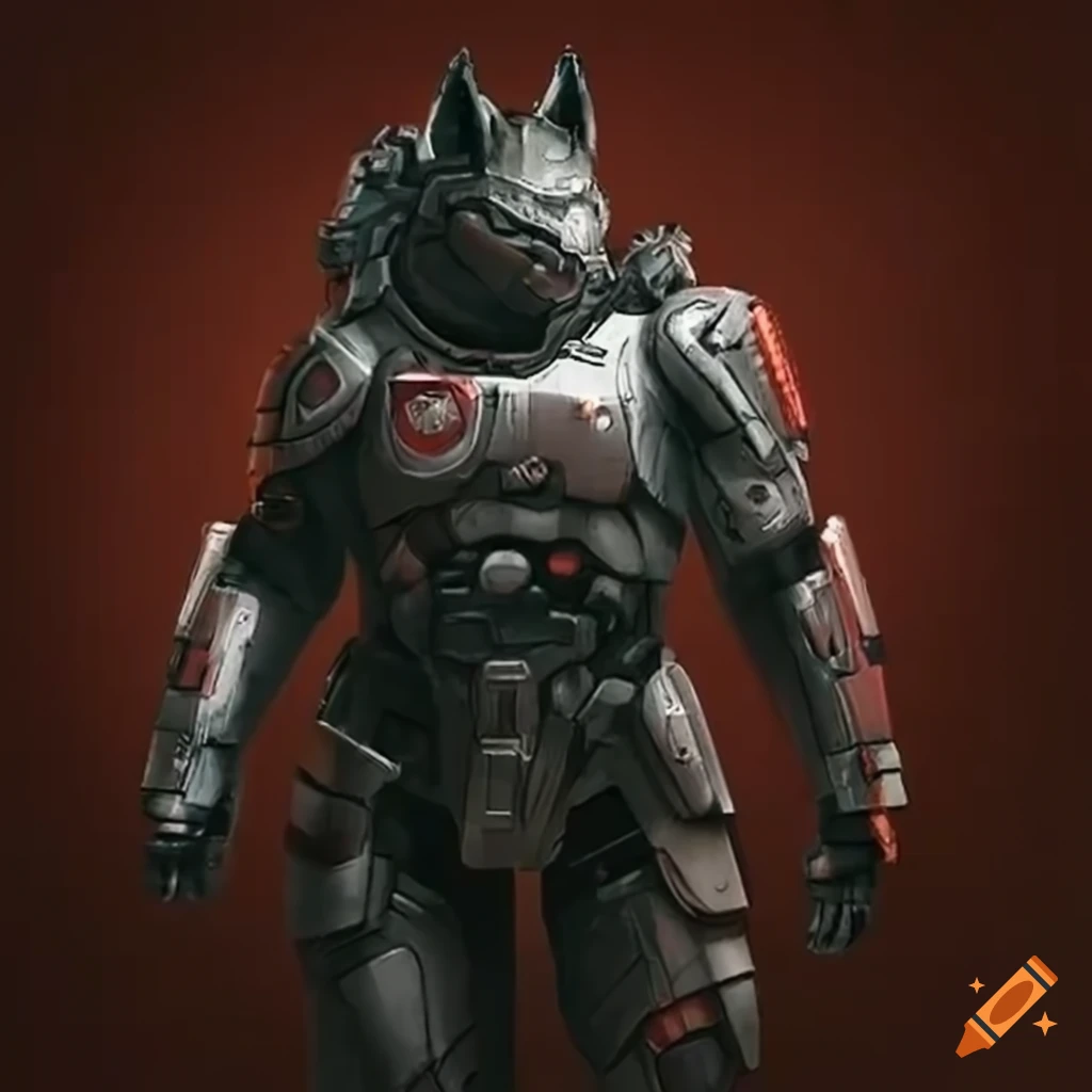 Science fiction wolf in power armor holding guns on Craiyon