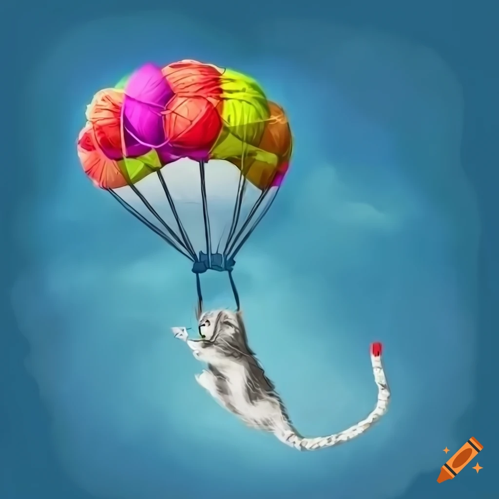 Cat falling with parachute holding a yarn ball in a digital art on Craiyon