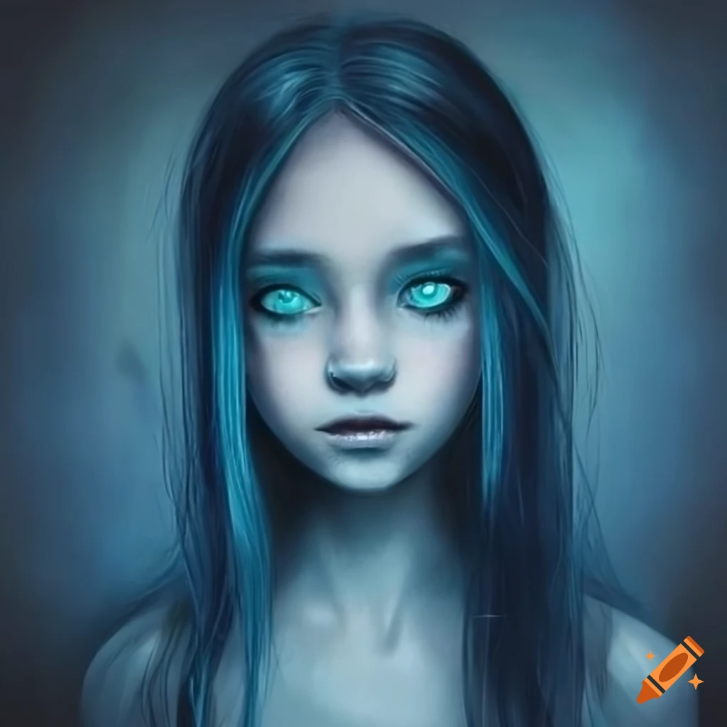Blue girl with green eyes embodying spirit on Craiyon