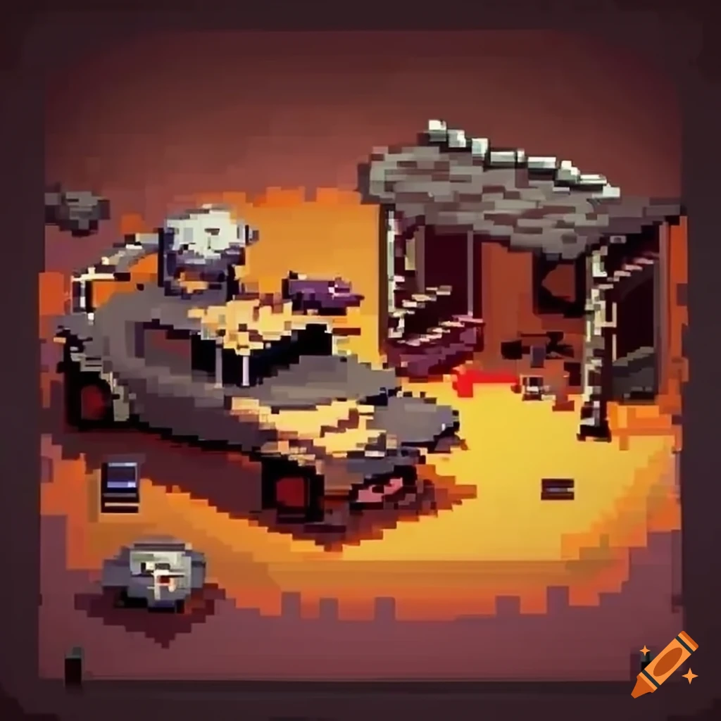 Post apocalyptic garage scene with a Mad Max-style vehicle in detailed ...