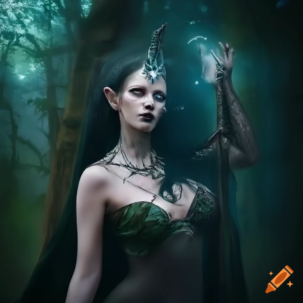 Dark fantasy artwork of the powerful Enchantress in a mystical forest on Craiyon