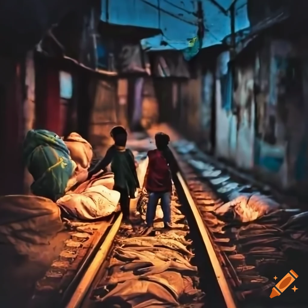 Two boys carrying sacks looking at railway tracks through a window in a ...