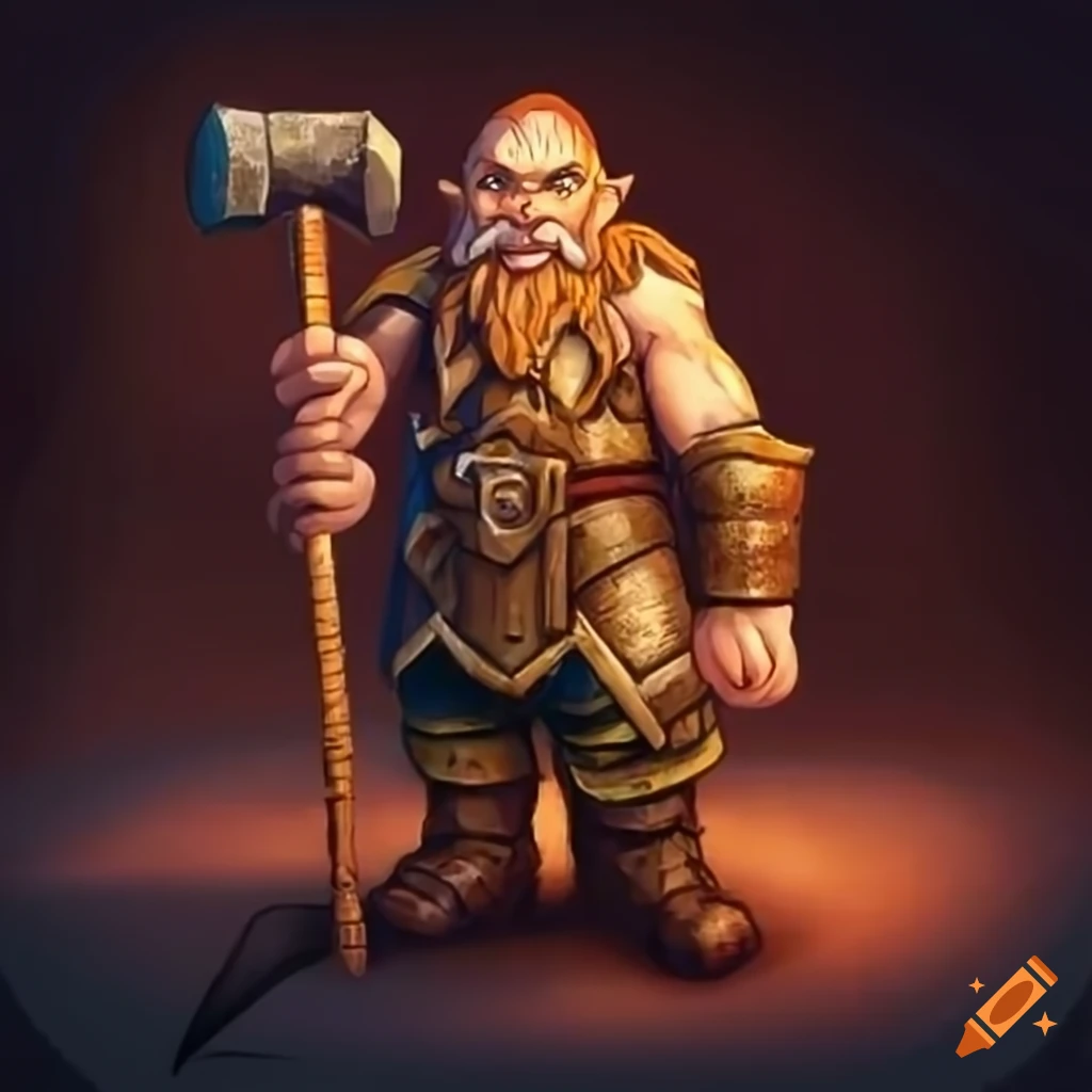 Beautiful dwarf holding a hammer and magic spell on Craiyon