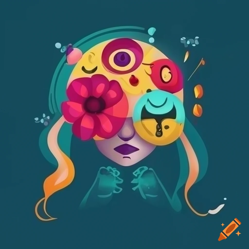 Abstract flat design scene with surreal elements like emoticons ...