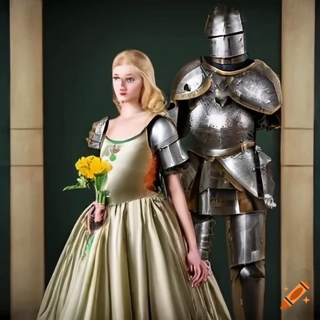 Knights in shining armor courting blonde princesses with flowers on Craiyon