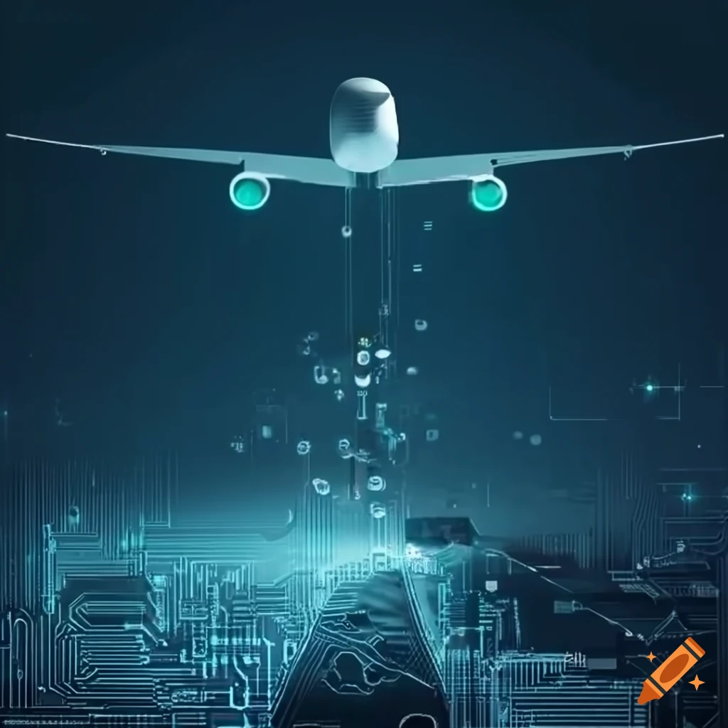 Plane flying over electronic components and ai landscape on Craiyon