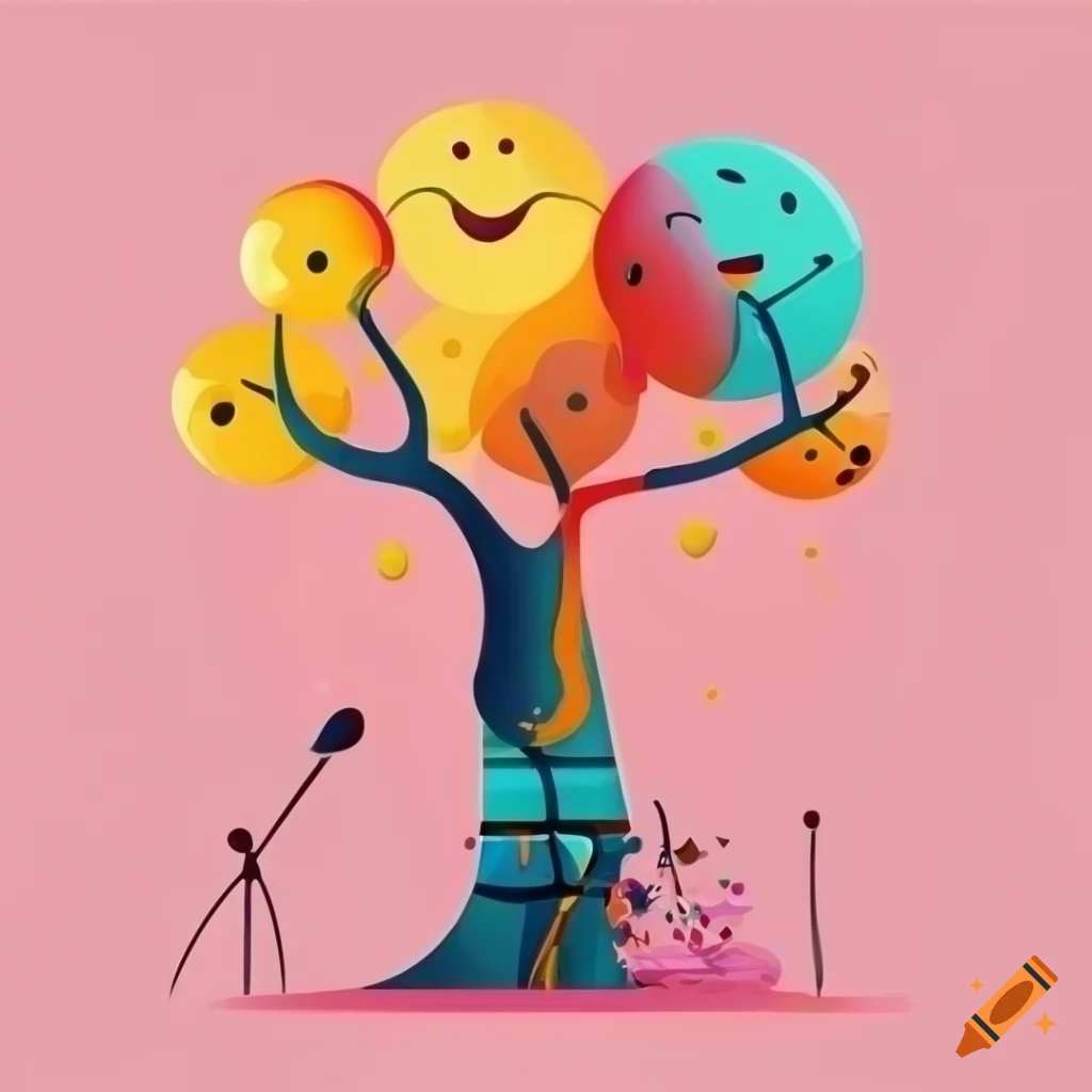 Abstract flat design scene with surreal emoticons, transparency, hands ...