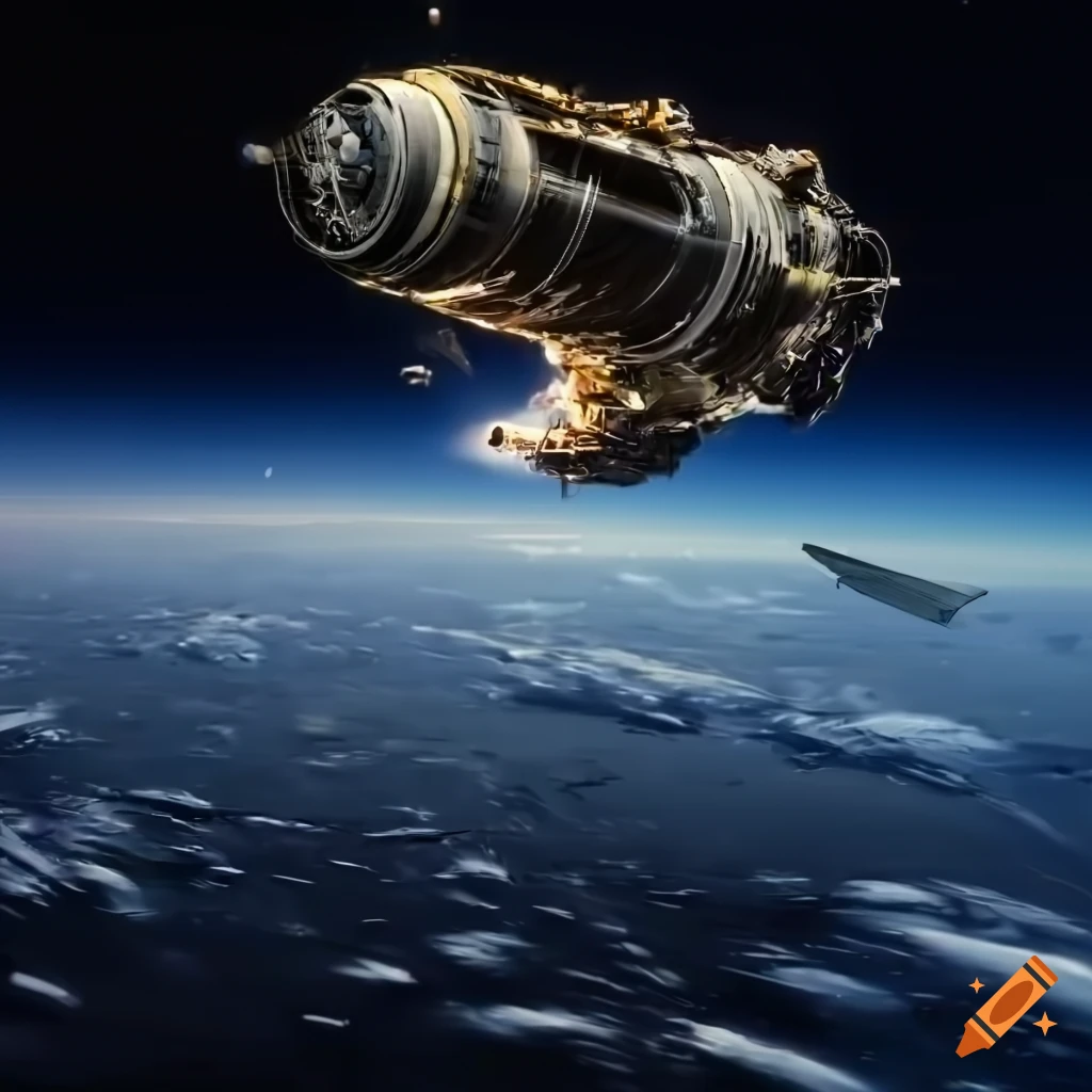 Sci-fi spaceship in flight with exploded view, cylindrical shape and ...