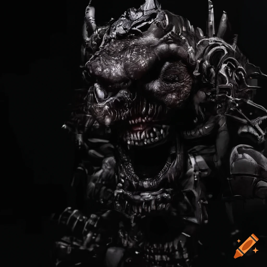 Detailed cyborg or mechanical demon creature in dark industrial setting ...