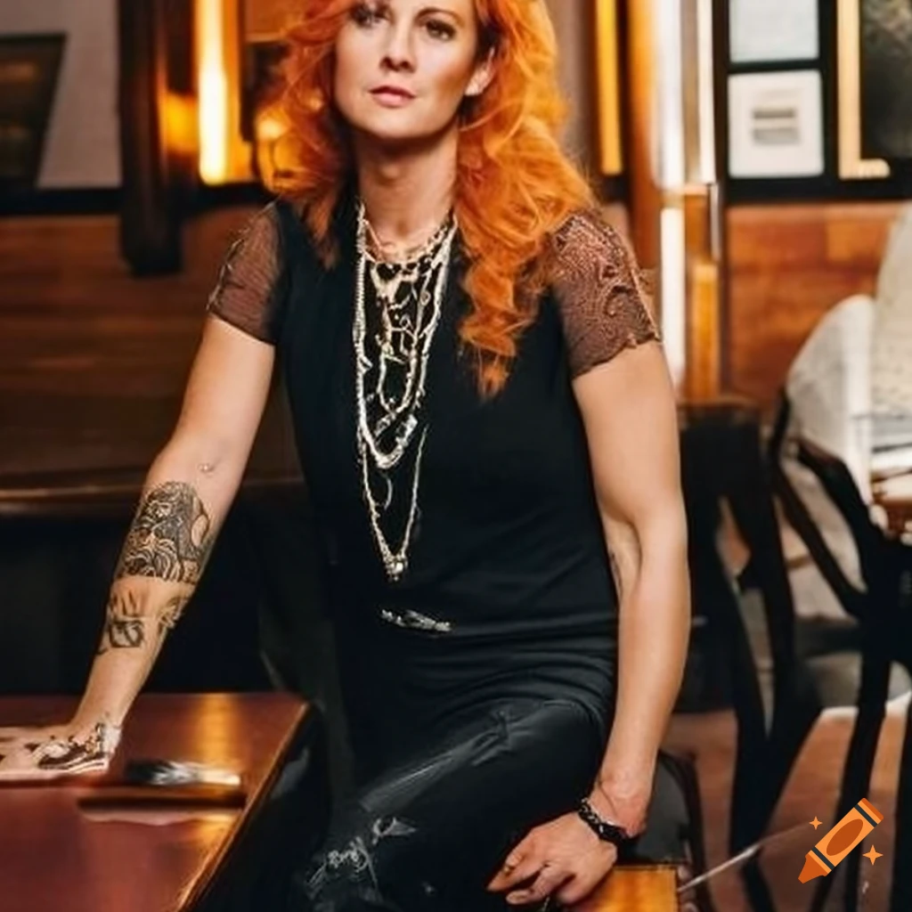 Dutch musician Anouk with red hair sitting at a bar on Craiyon