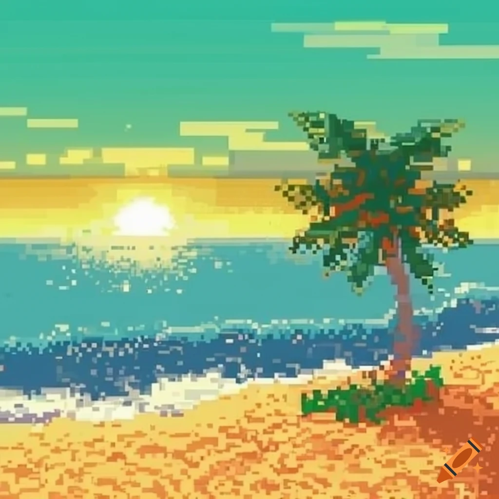Pixel art of sunlit beach with rolling waves and palm trees on Craiyon