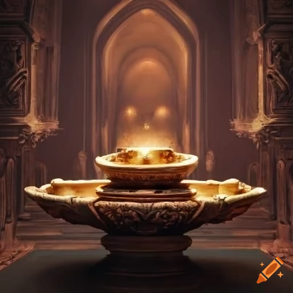 Mystical altar with ancient carvings and ornate bowls on Craiyon