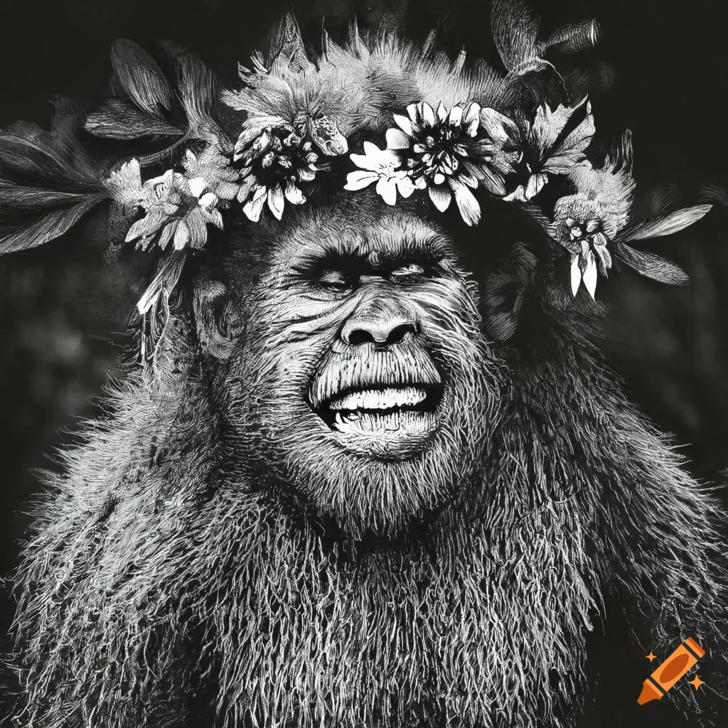 Bigfoot smiling with a flower crown in the forest, scratchboard ...