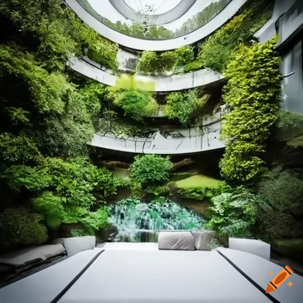 Vertical garden with waterfall installation in a hotel atrium on Craiyon