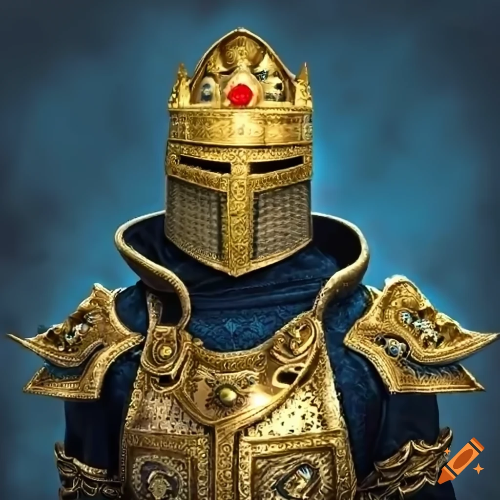 Photorealistic fantasy king in golden tabard and crusader helmet inspired by kingdoms of amalur ...