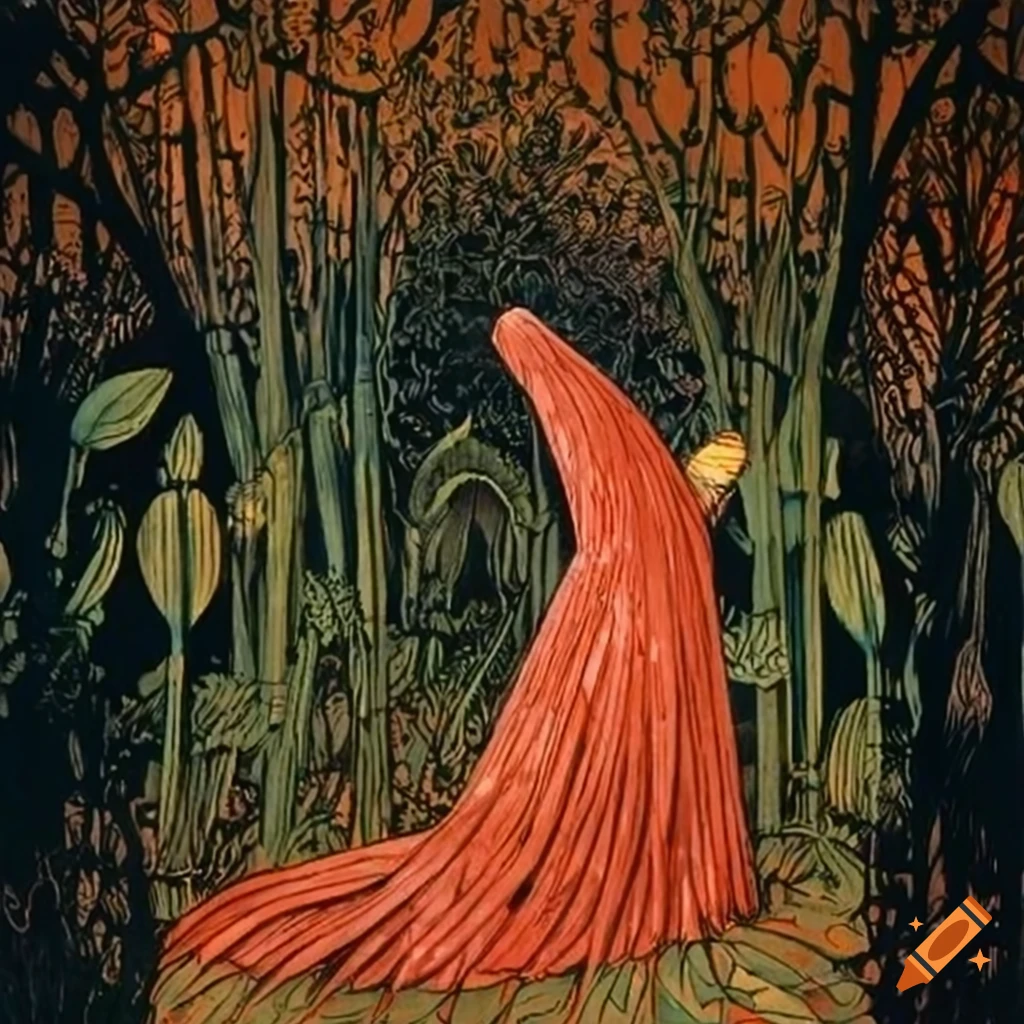 Mexican curandera in a peacock cloak in a dark forest twilight setting ...