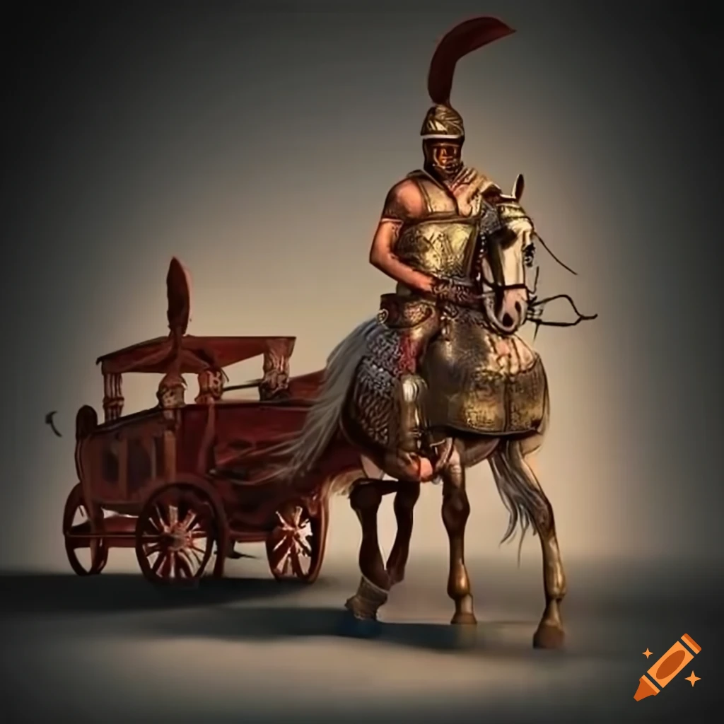 Roman gladiator standing next to a horse and carriage on Craiyon