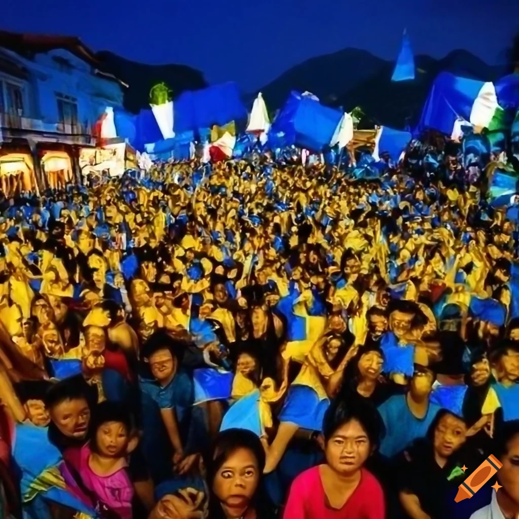 Crowd in Ipoh, Perak, holding yellow and blue flags on Craiyon
