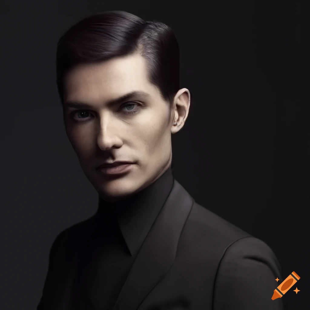 Elegant mature man with short wavy dark hair and stern look on Craiyon