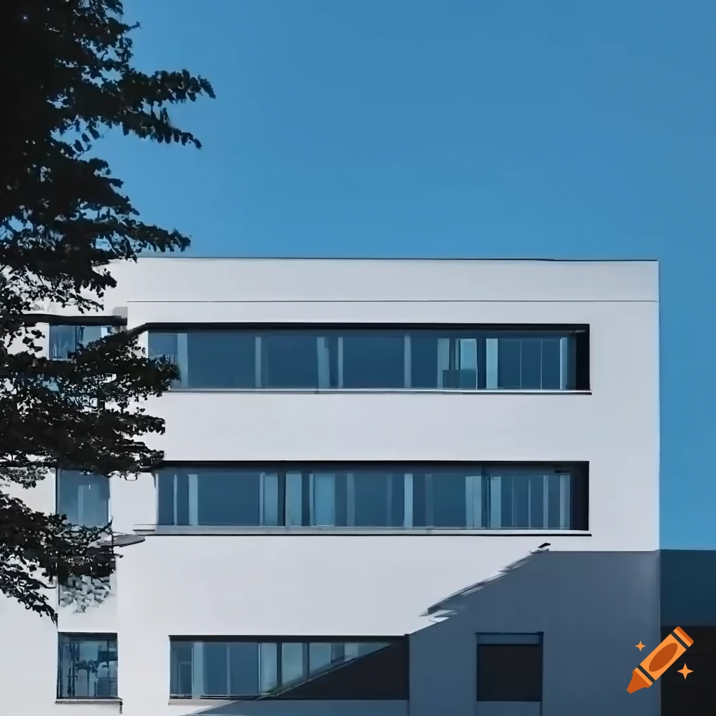 Modern school building with white walls and large windows, surrounded ...