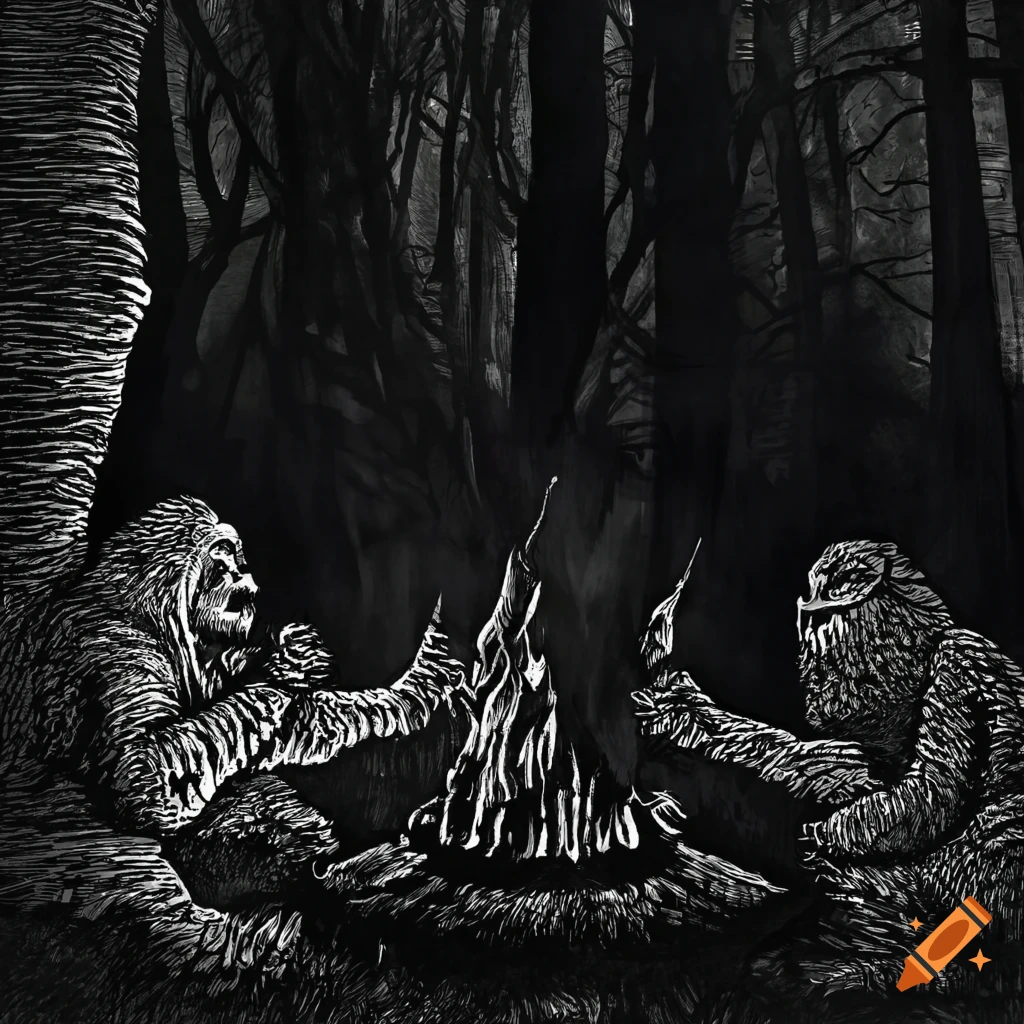 Spooky Sasquatch gathering around a campfire with UFO and ghostly ...