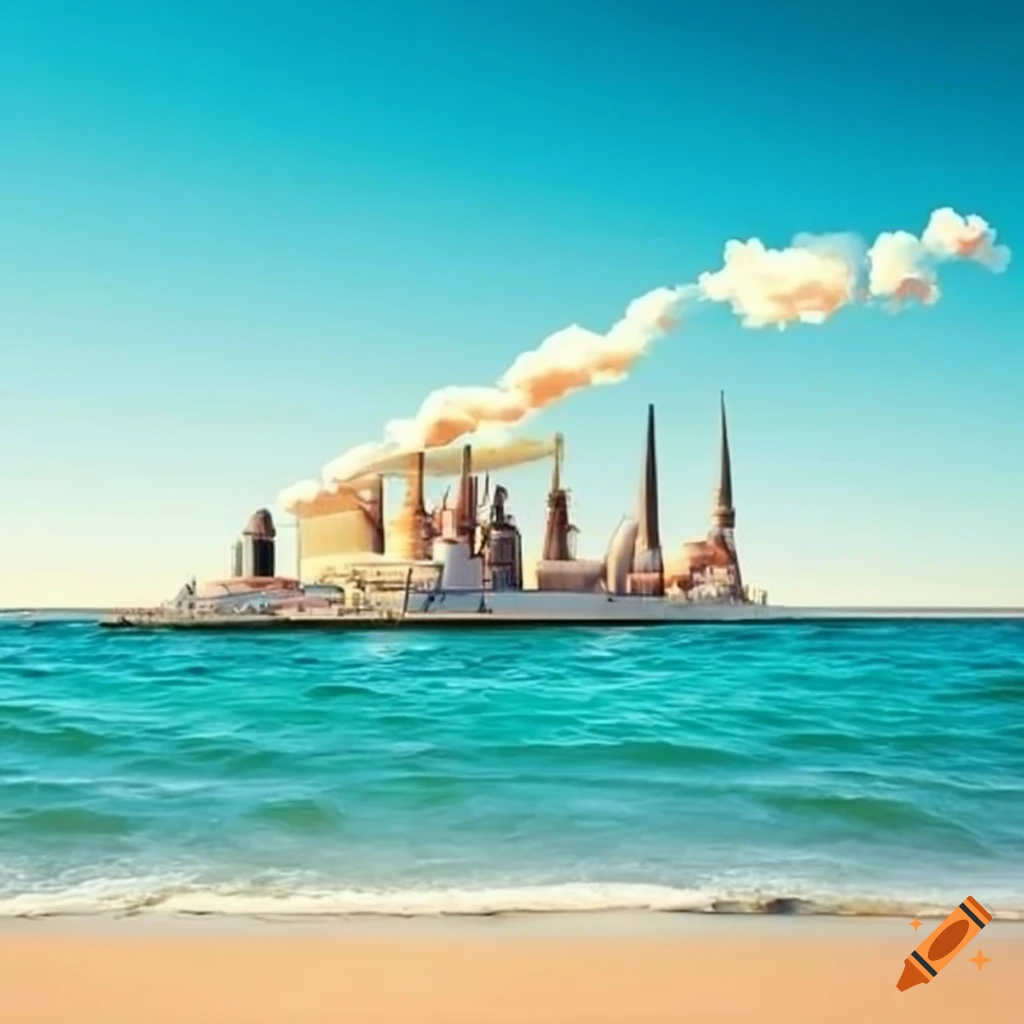 Modern factory on a beautiful beach on Craiyon