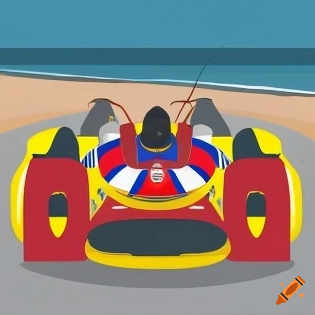 Cockroach driving a formula 1 car near the beach on Craiyon