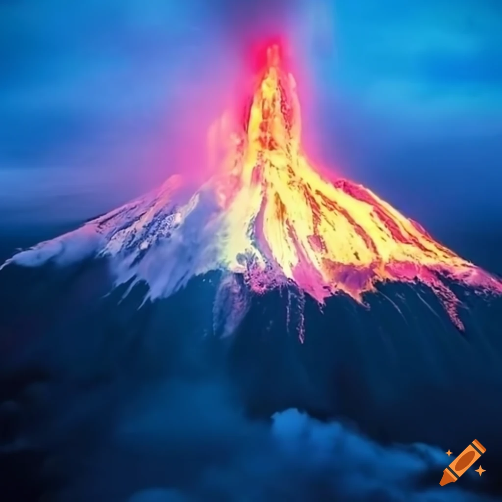Volcano erupting in a rainbow display on Craiyon