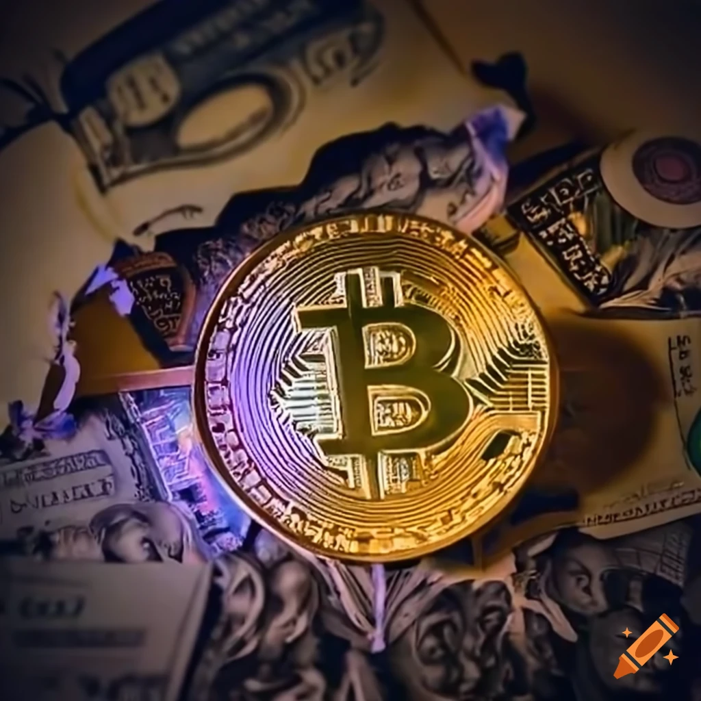 Bitcoin token shining beside a worn dollar bill on Craiyon